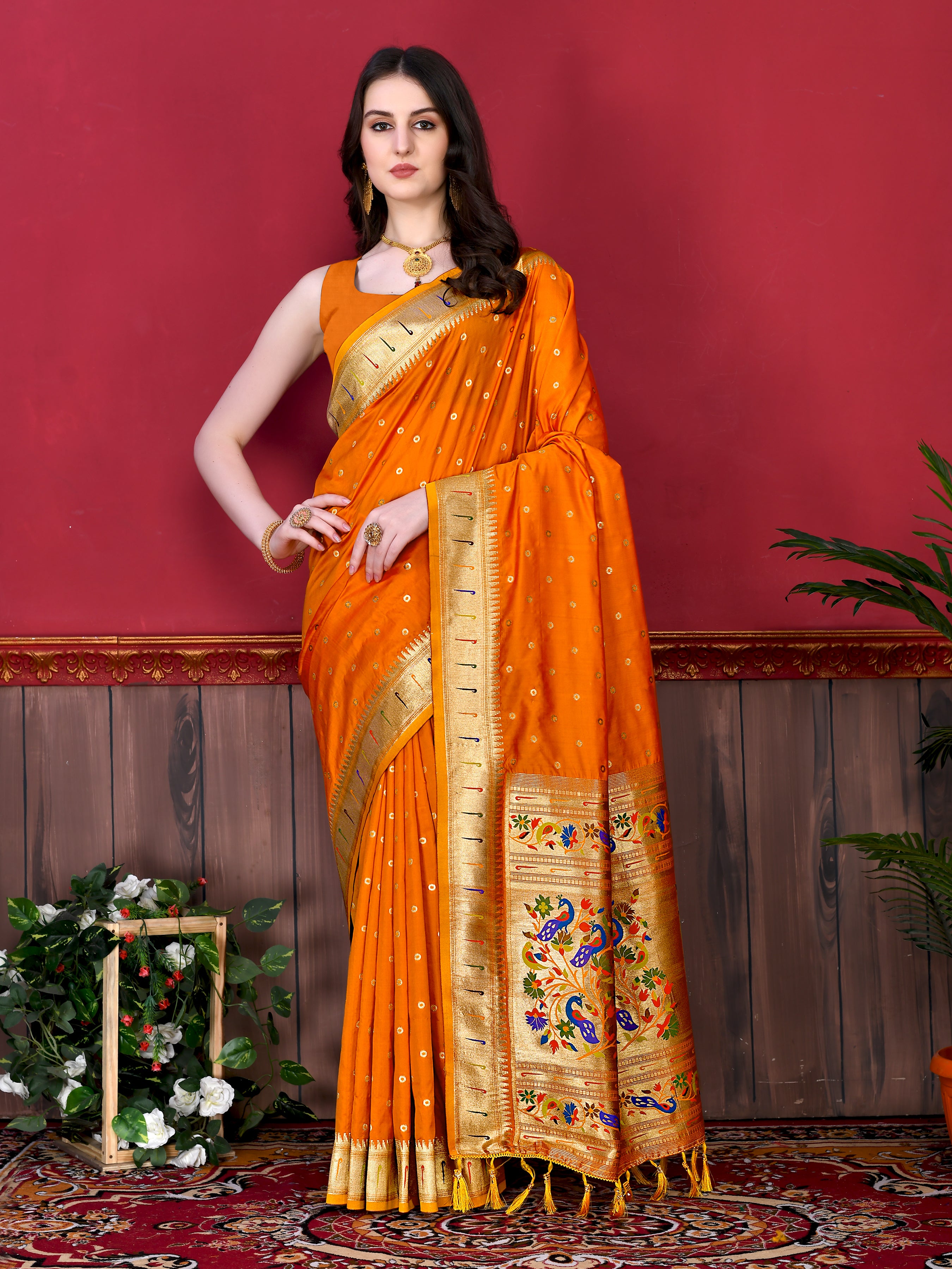 Mustard Timeless Meenakari Bindi Silk Saree With Blouse Piece – Keswi